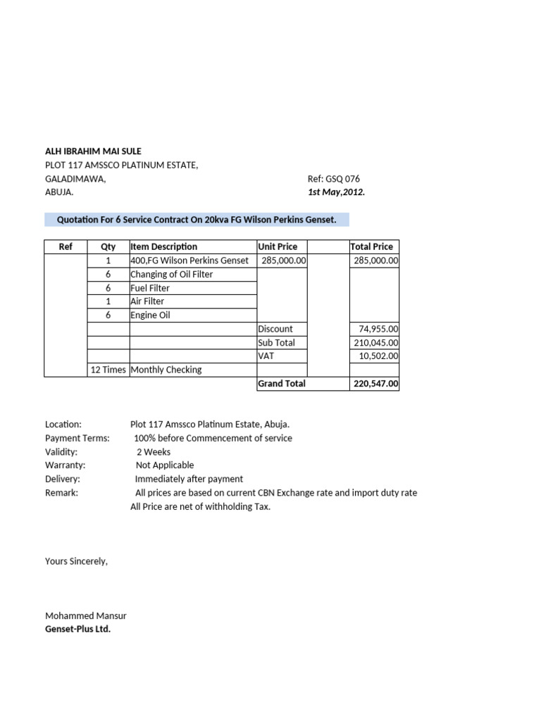 20kVA Genset Service Quotation | PDF