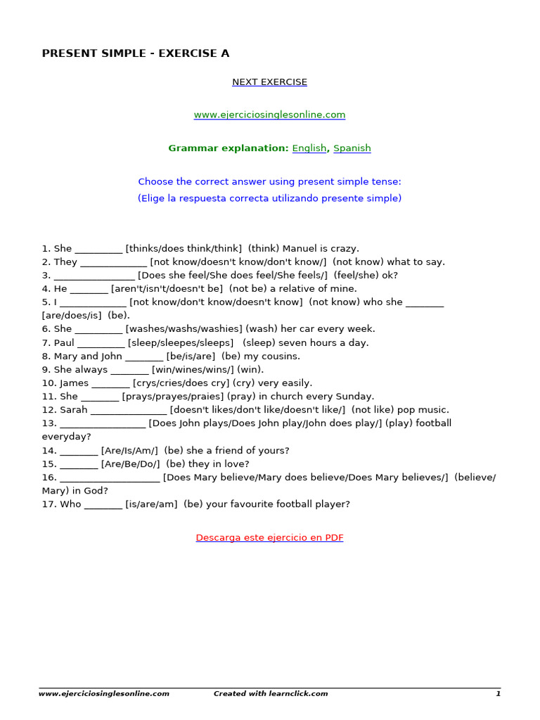 Presente Simple - Ejercicio A | PDF