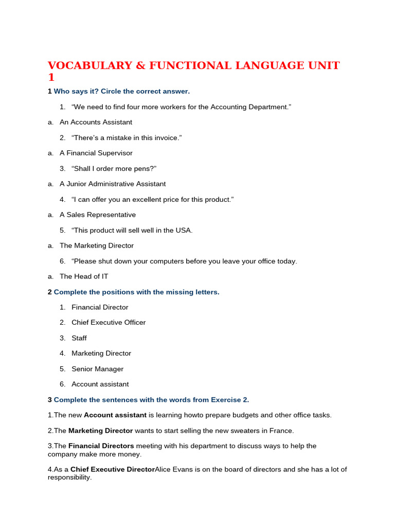 Vocabulary & Functional Language Unit 1 | PDF