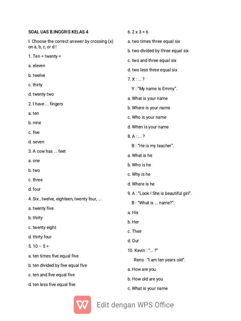 Soal Uas b.ing Kelas 4,5 | PDF