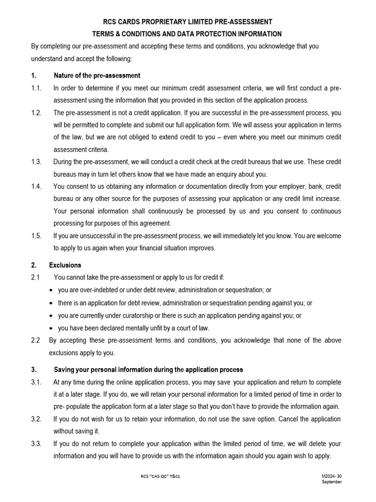 2024 09 30 Pre Assessment Cas Terms Conditions | PDF | Credit Score ...