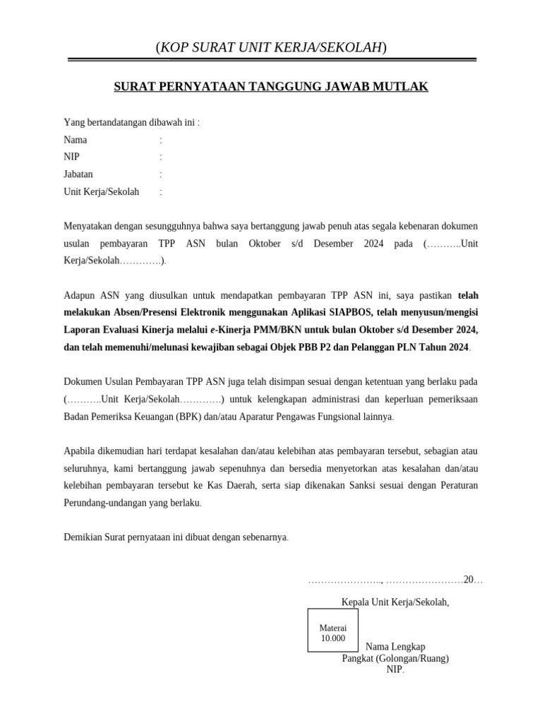 Contoh SPTJM Usulan TPP Triwulan IV 2024 | PDF