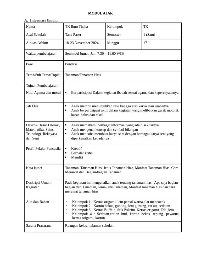 Modul Ajar Tema Tanaman TK Ibnu Thaha | PDF
