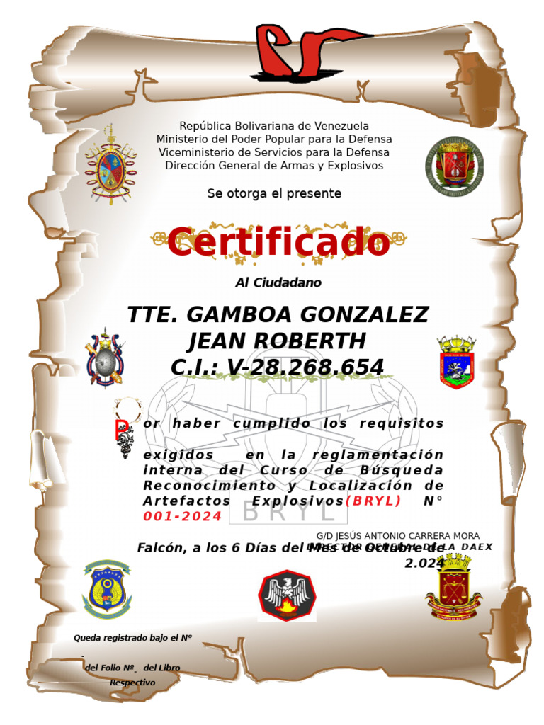 Certificado Bryl Frente | PDF | Venezuela | Ministerios de defensa