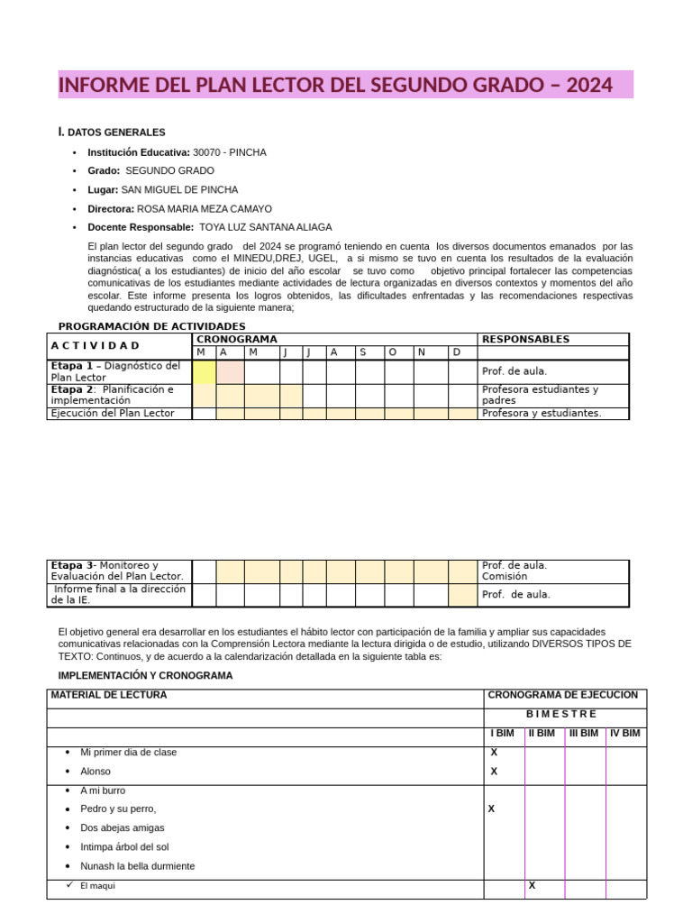 Informe Plan Lector Segundo Grado 2024 | PDF | Comprensión lectora ...