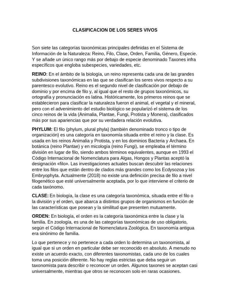 Clasificacion de Los Seres Vivos | PDF | Taxonomía (biología) | Especies