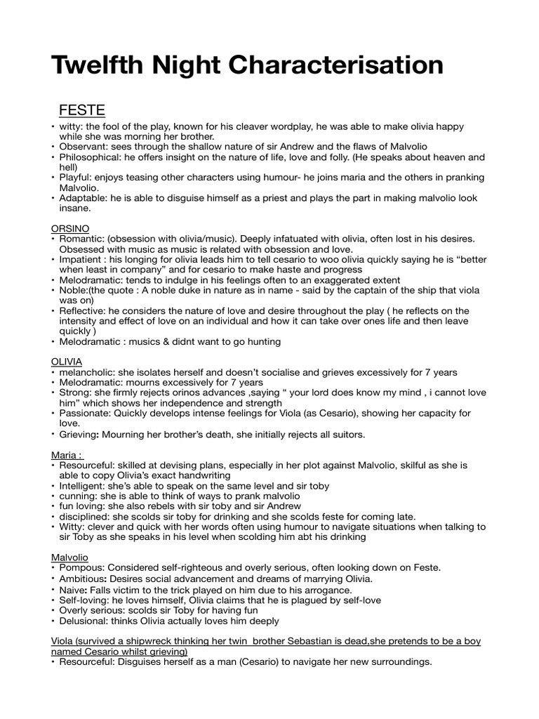 Twelfth Night Characterisation | PDF | Twelfth Night