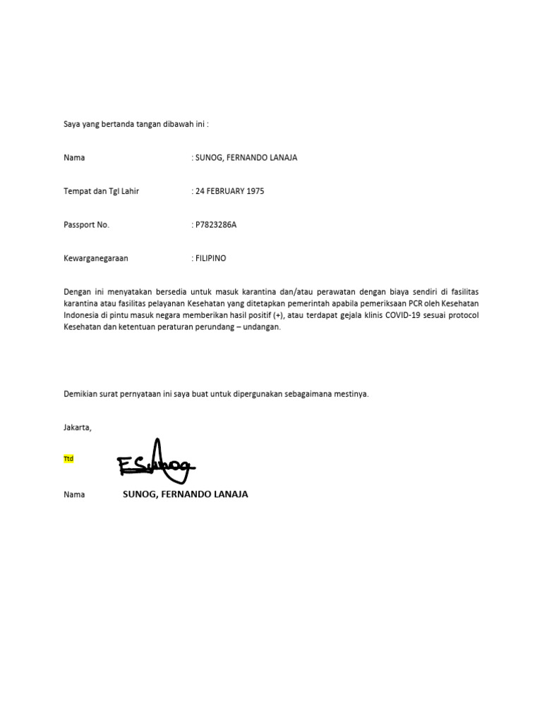 SUNOG Statement Letter For Enter To Indonesia | PDF
