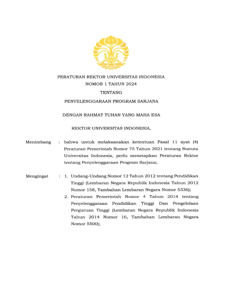 PR No 1 Tahun 2024 Tentang Penyelenggaraan Program Sarjana | PDF