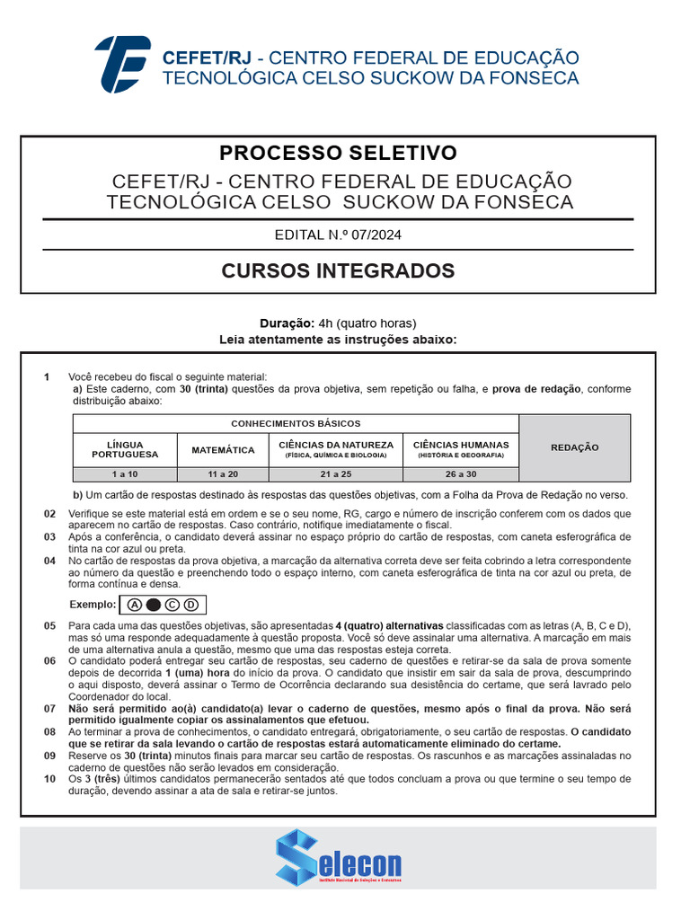 Prova Do Cefet para Ensino Médio Integrado 2024/2025 | PDF | Martinho Lutero | Adolescência