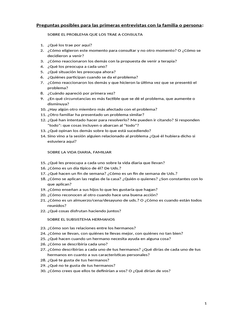 Preguntas Posibles para Las Primeras Entrevistas Con La Familia o ...