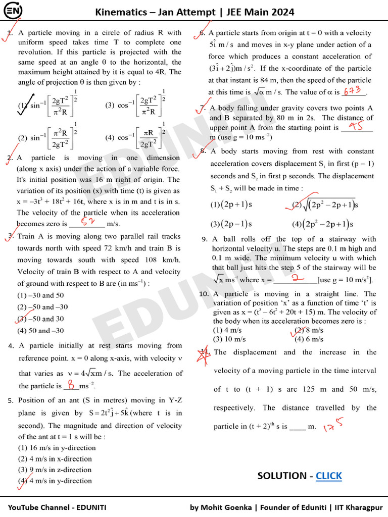 Kinematics & NLM JEE Main 2024 Jan Attempt - Eduniti | PDF | Student Assessment And Evaluation ...