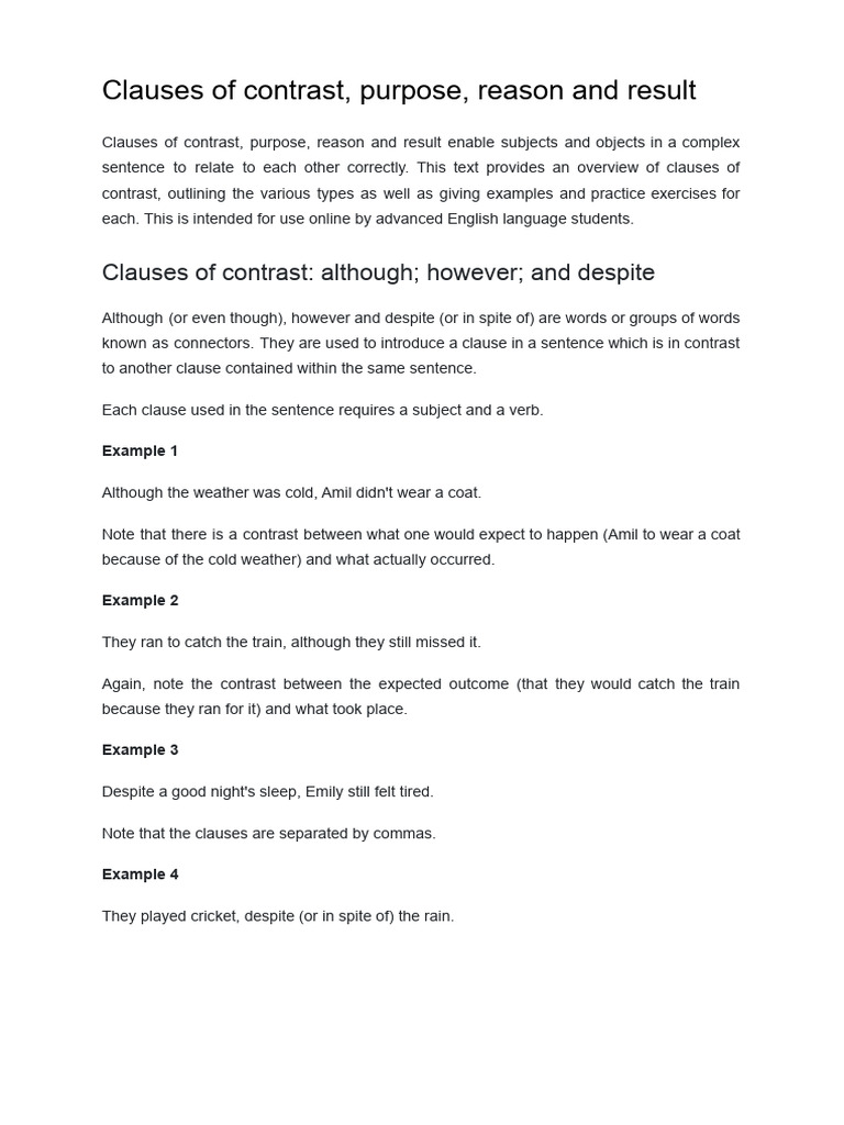 Understanding Contrast and Purpose Clauses | PDF | Sentence ...