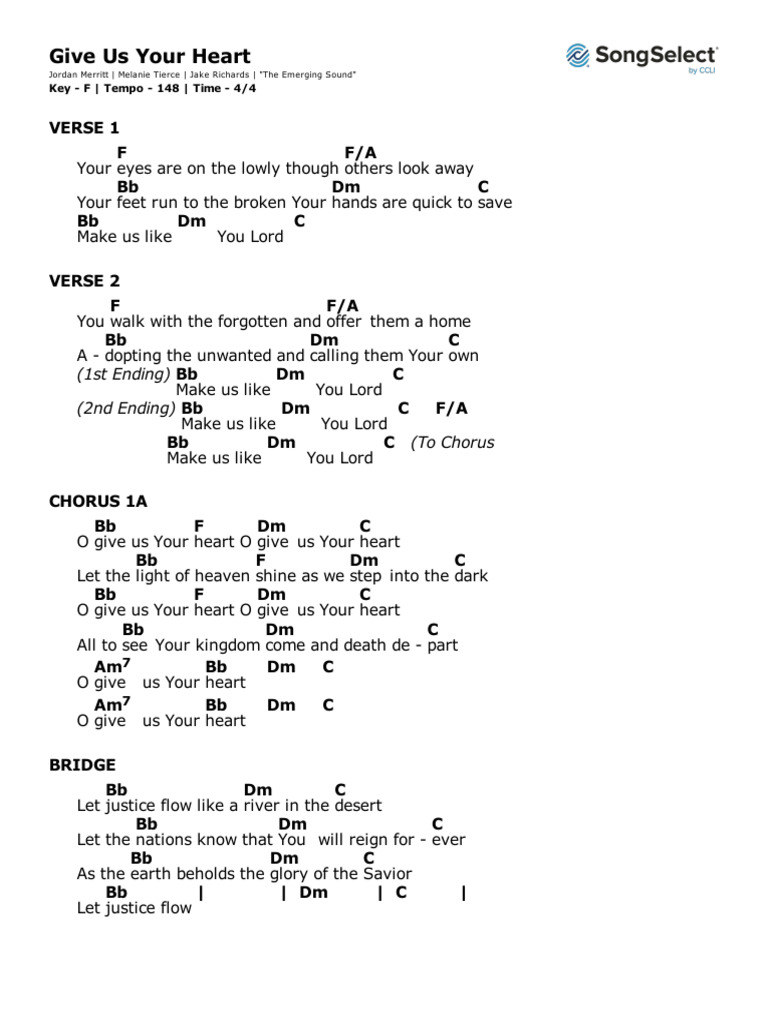 Give Us Your Heart - SongSelect Chart in F | PDF