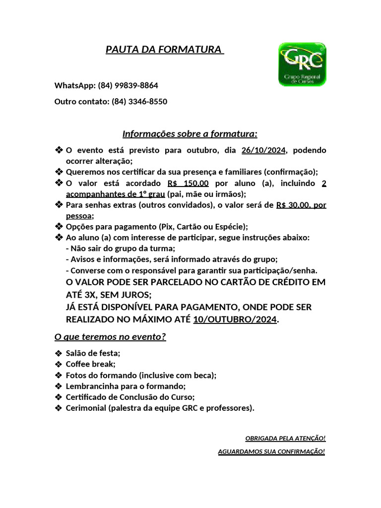 PAUTA DA FORMATURA Oi | PDF