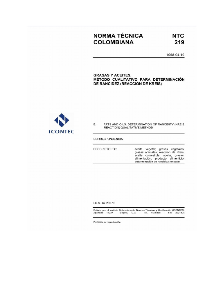 NTC 219. Método Cualitativo para Determinación de Rancidez | PDF