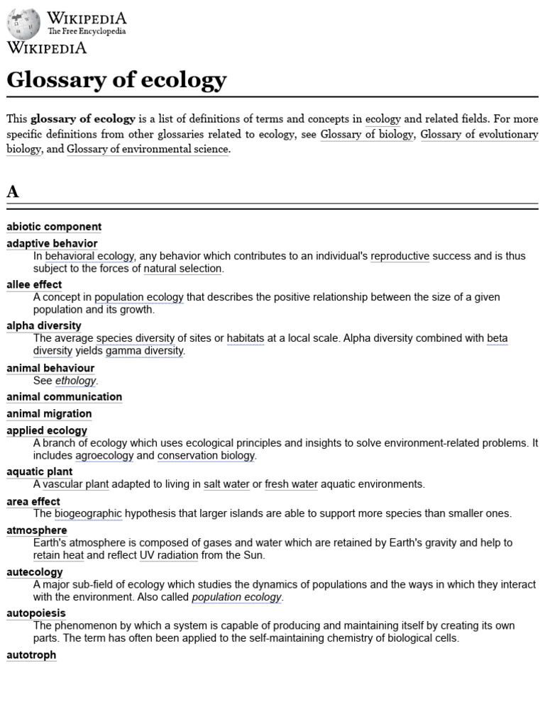 Glossary of Ecology - Wikipedia | PDF | Ecology | Ecosystem