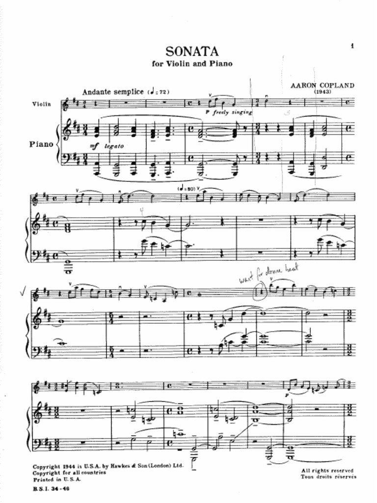 Copland - Violin Sonata (Piano Score) | PDF