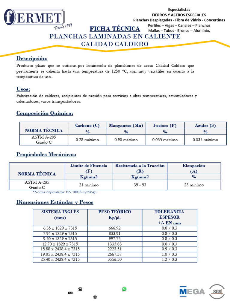 Ficha Tecnica Planchaslaminadas en Caliente Calidad Caldero Astm A285 ...