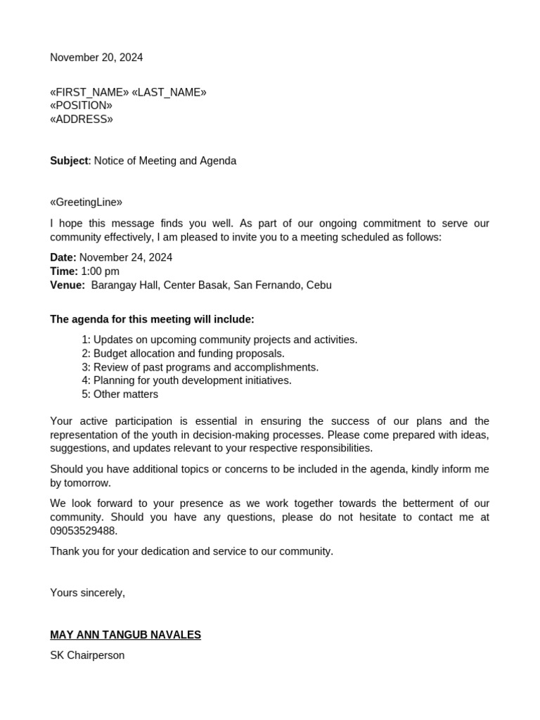 Letter For Mail Merge | PDF