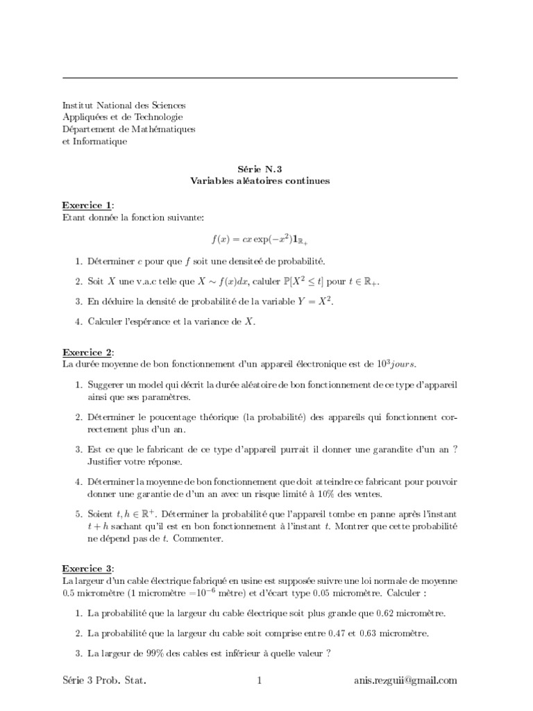 Variables Aléatoires Continues: Exercices et Solutions | PDF ...