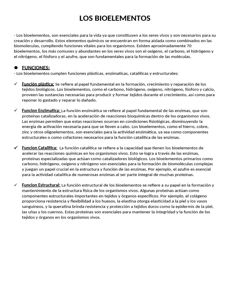 Funciones y Tipos de Bioelementos | PDF | Enzima | Organismos