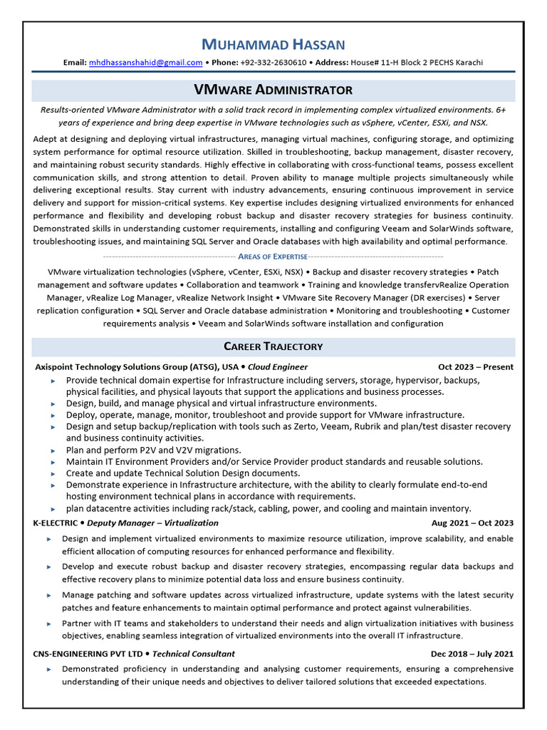 VMware Administrator Resume Summary | PDF | Virtualization | Databases