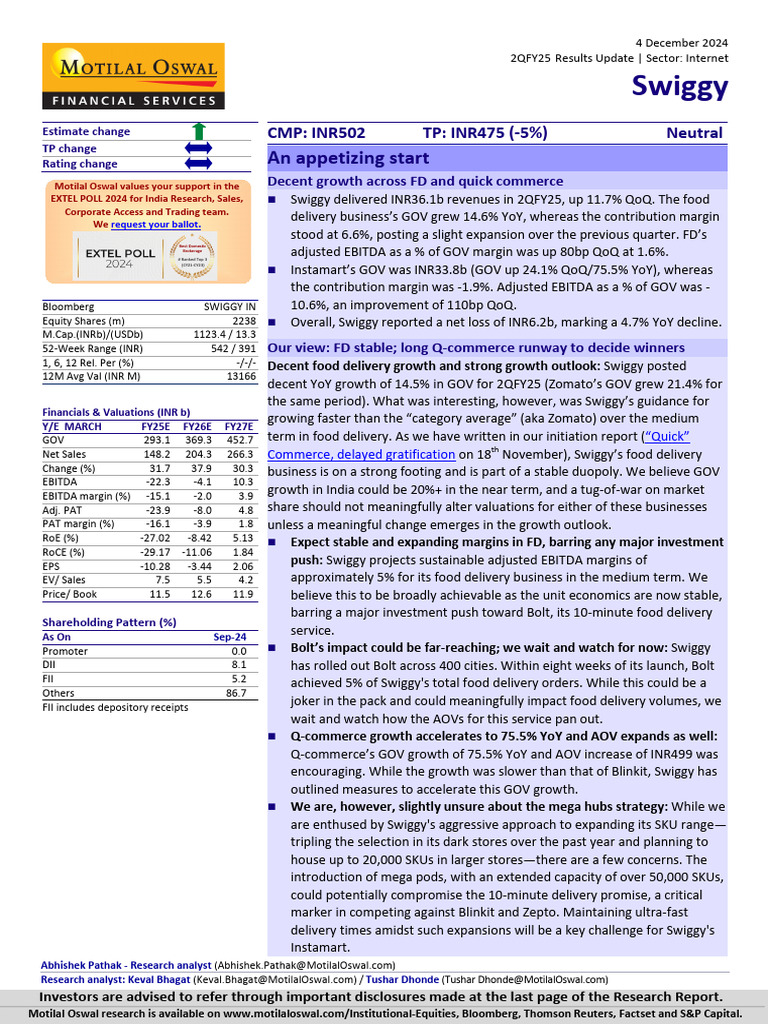 Motilal_Oswal_sees_5%_DOWNSIDE_in_Swiggy_Decent_growth_across_FD | PDF | Investing | Income ...