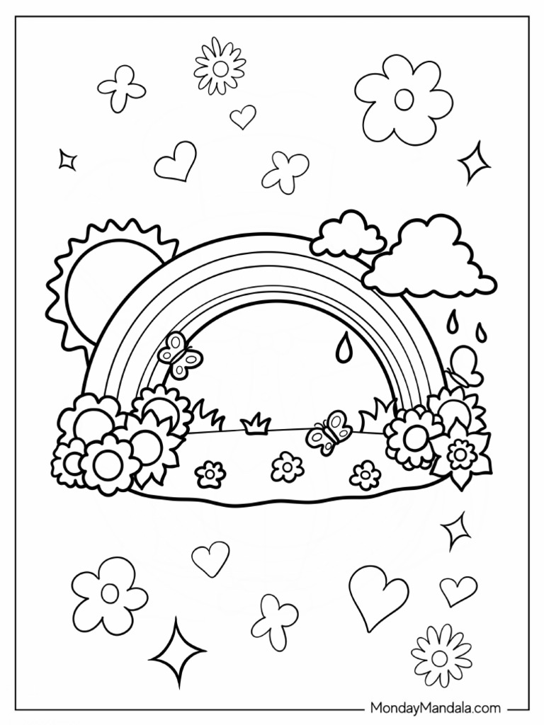 Spring Sun Rainbow and Flower Field Coloring Sheet for Preschoolers | PDF