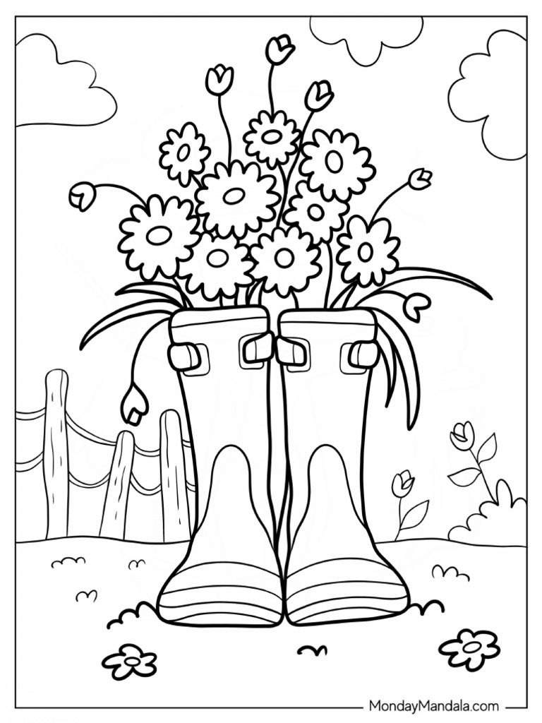 Rainboots Filled With Spring Wildflowers Coloring Page | PDF