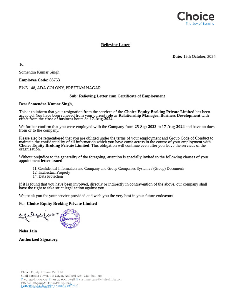 Relieving Letter (Group Doj) | PDF