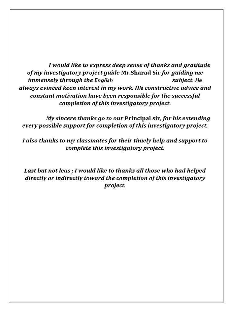 Acknowledgment For Investigatory Project Pdf