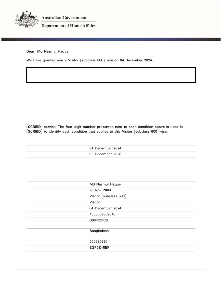 Md Nazmul Haque Australia Visa Subclass (600) Granted Letter 26-09-2003 ...