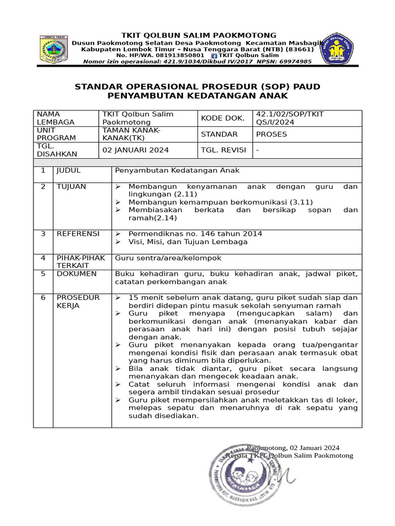 2 SOP PAUD PENYAMBUTAN KEDATANGAN ANAK | PDF
