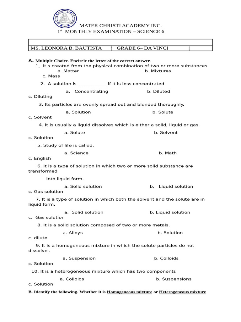 1st Monthly Examination - S5 | PDF