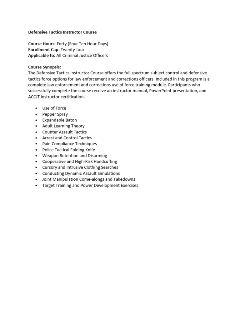 Defensive Tactics Instructor Course | PDF