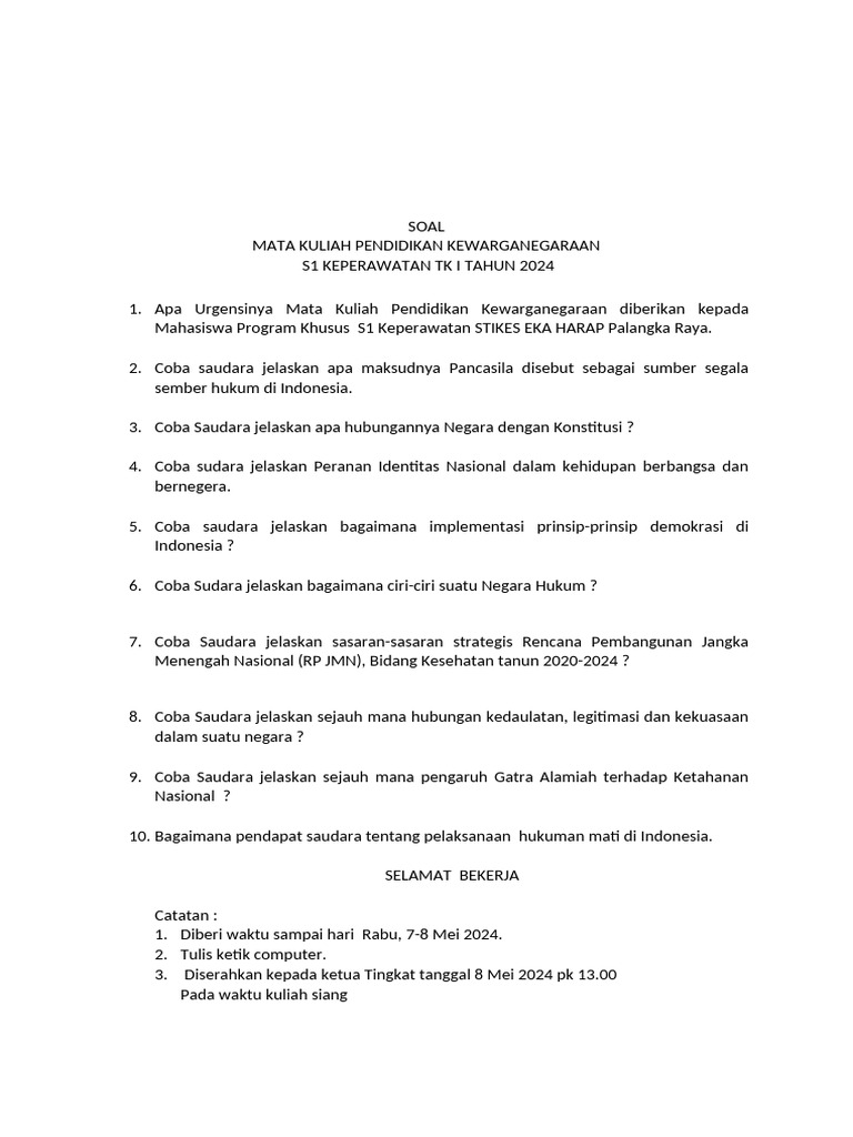 Soal Pendidikan Kwn s1 Kep Tk i Tahun 2024. | PDF