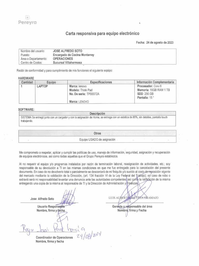 Carta Responsiva Electronico Alfredo Soto | PDF