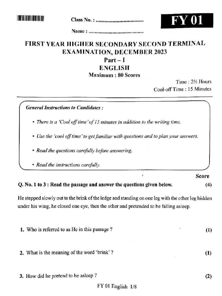 Plus One Mid Term Exam 2023 English Question Paper | PDF