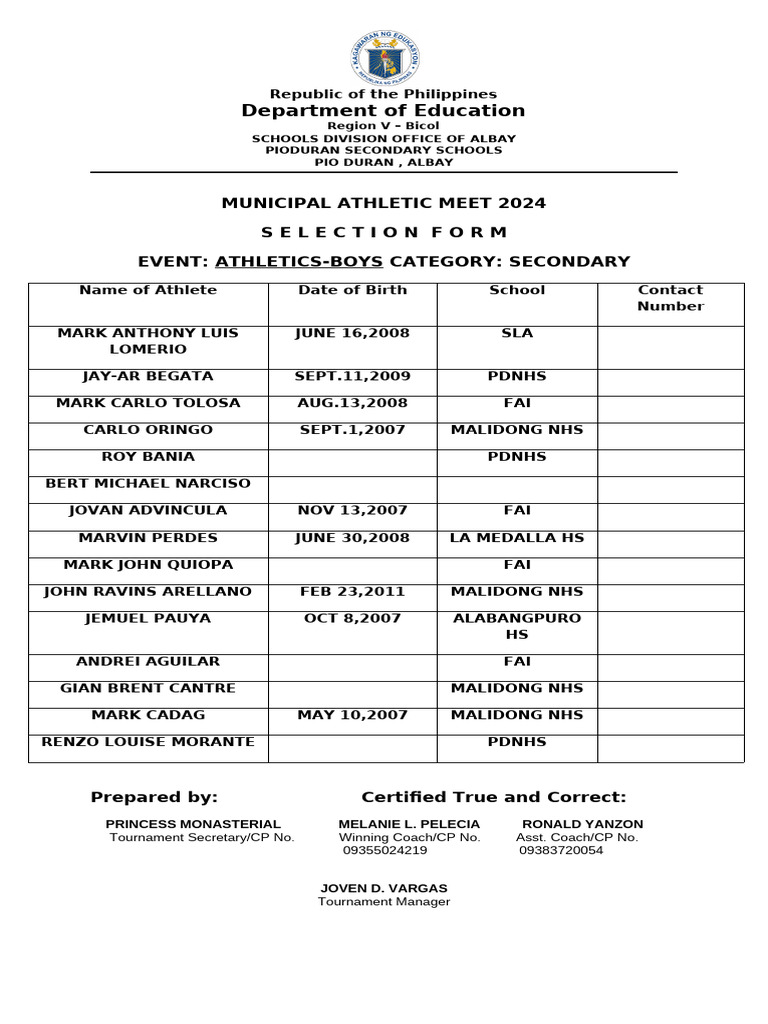 Boys Selection Form | PDF