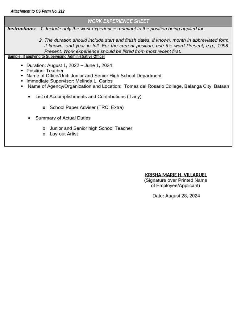 Work Experience Sheet Instructions | PDF
