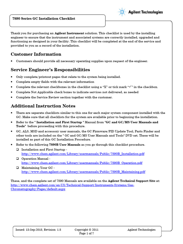 7890 Series GC Installation Checklist | PDF | Gas Chromatography–Mass ...