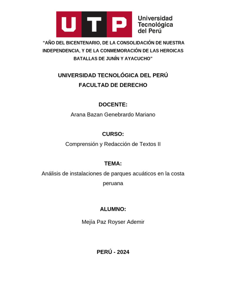 TA2 - COMPRENSIÓN Y REDACCIÓN DE TEXTOS II - Royser Mejia Paz | PDF | Perú | Turismo