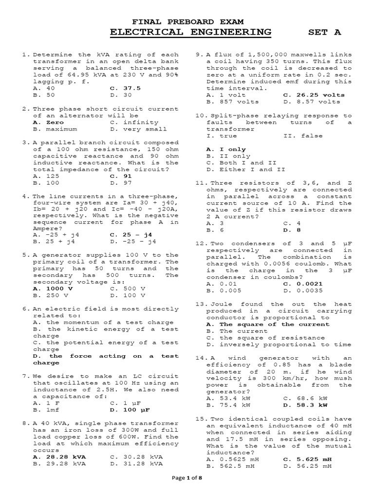 Electrical Engineering Preboard Exam Set A | PDF | Capacitor | Inductor