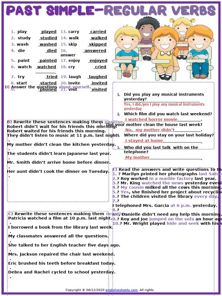 Past Simple Tense Regular Verbs Esl Printable Grammar Test Worksheet ...