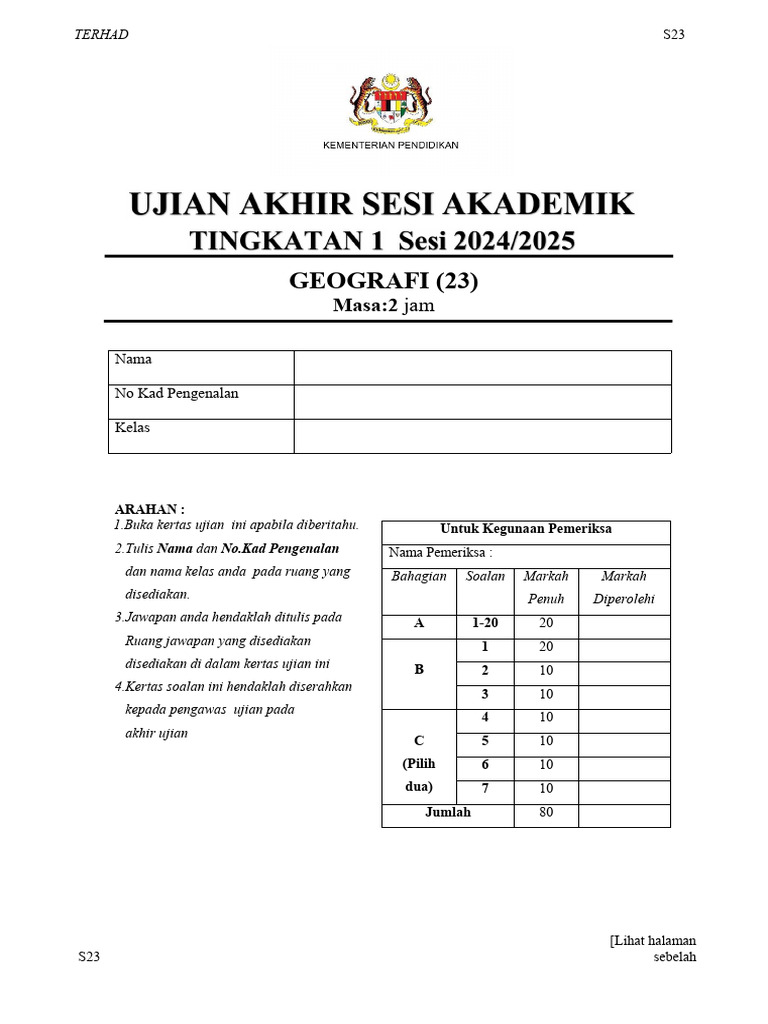 Soalan UASA Geografi Tingkatan 1 | PDF