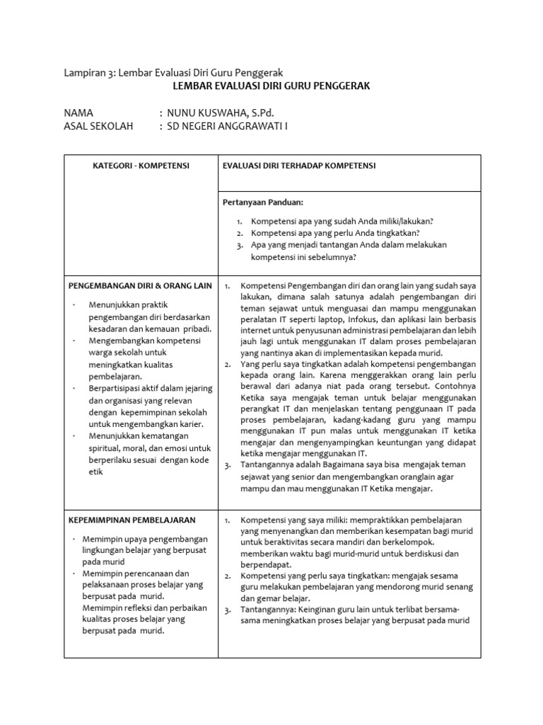 Lampiran 3 - Lembar Evaluasi Diri Guru Penggerak | PDF
