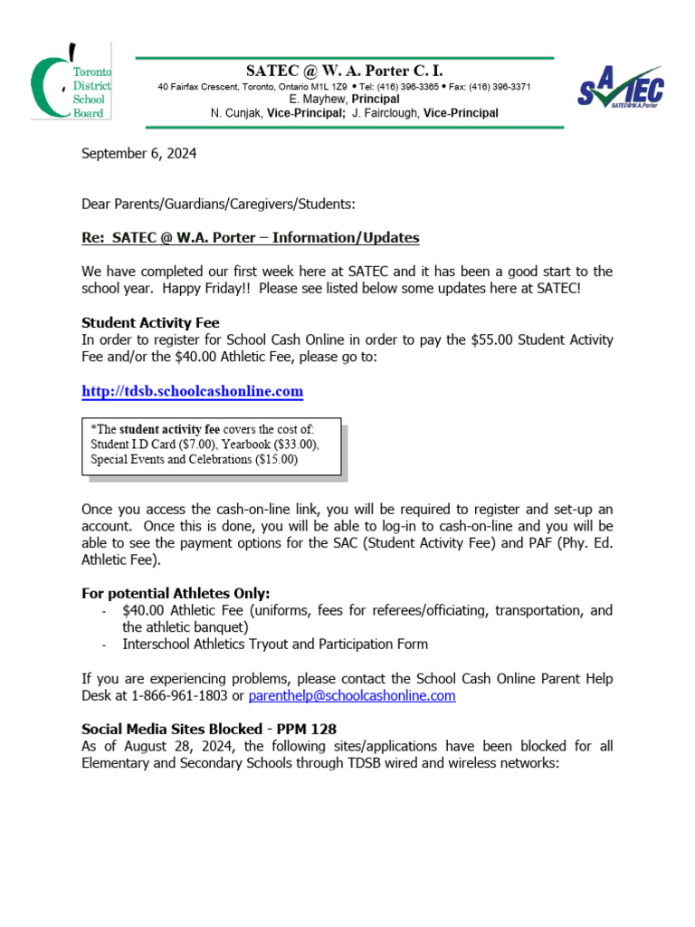 SATEC @ W.A. Porter School Updates | PDF