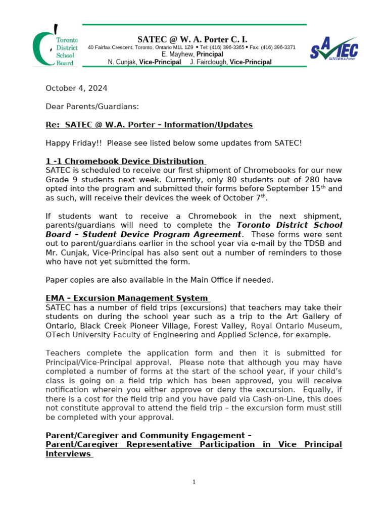 SATEC @ W.A. Porter Updates October 2024 | PDF