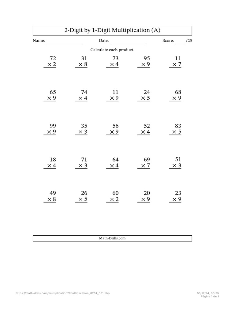 Multiplying 2-Digit by 1-Digit Numbers (A) | PDF